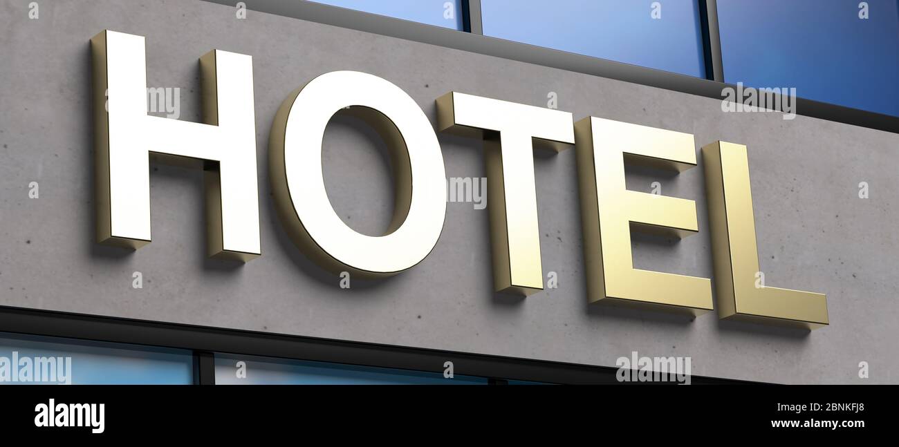 Hotel gold color sign. Shiny brass Hotel text on concrete stone ...