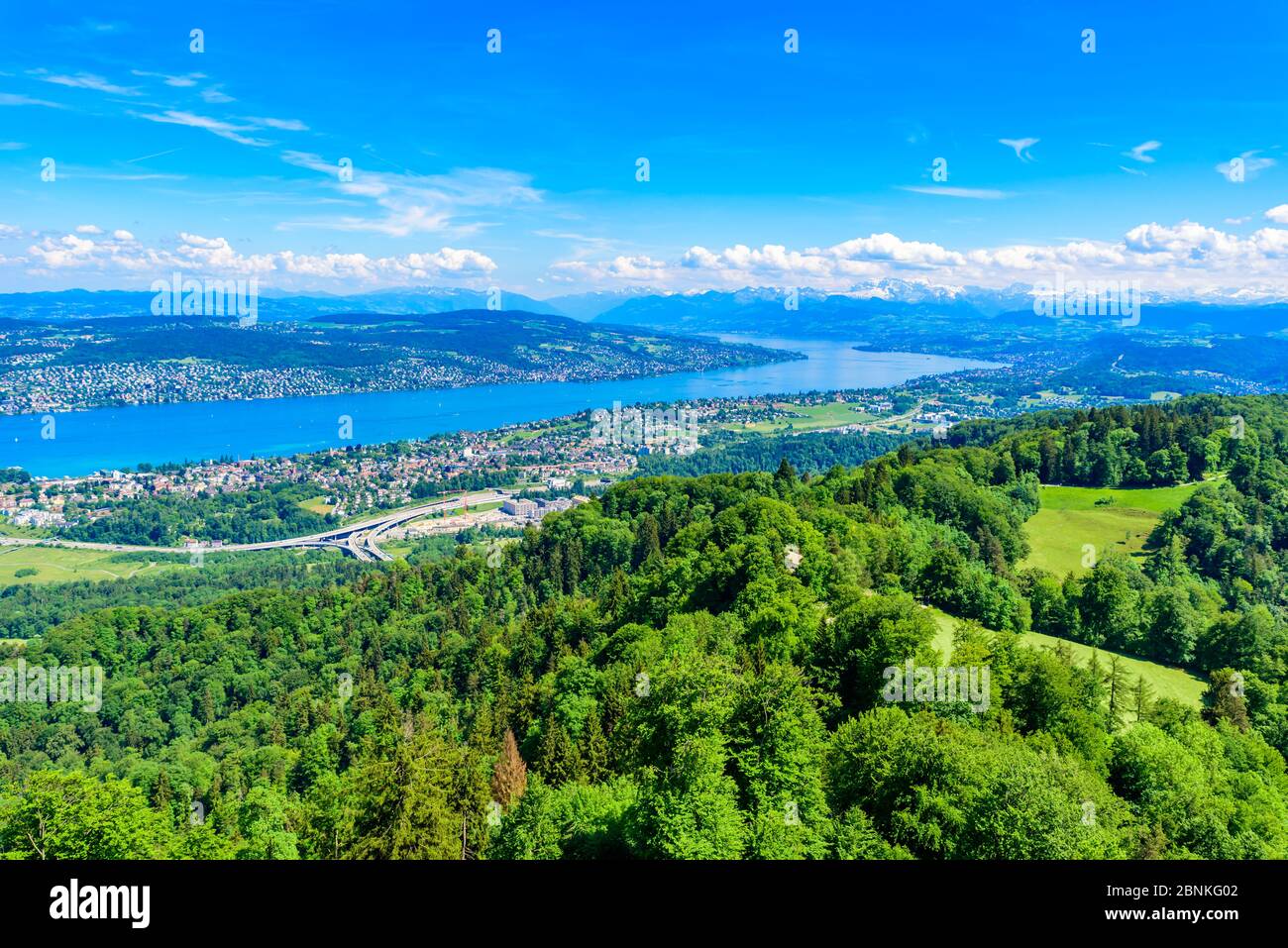 Panoramic view of Zurich lake and Alps from the top of Uetliberg ...