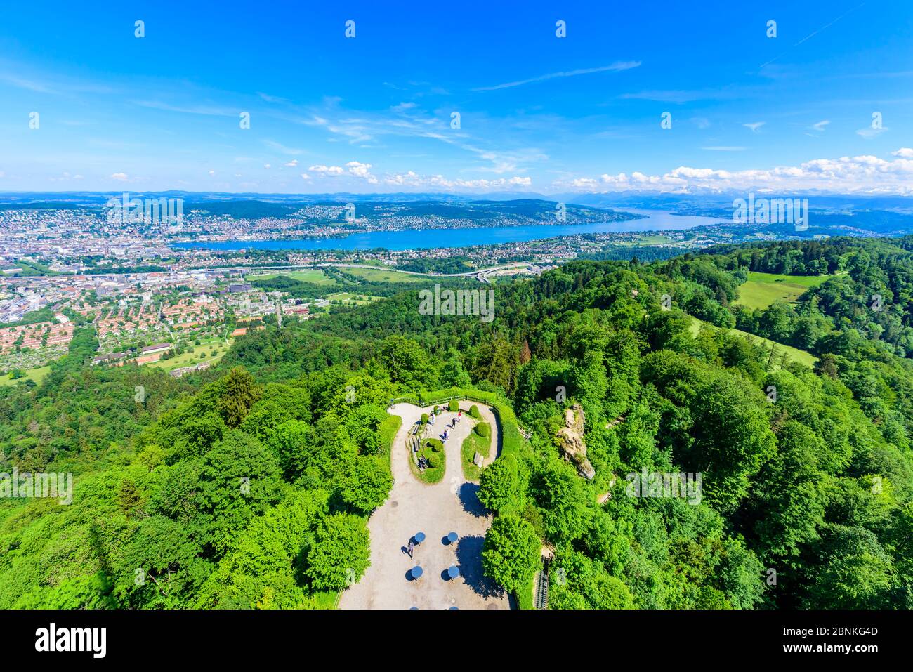 Panoramic view of Zurich lake and Alps from the top of Uetliberg ...