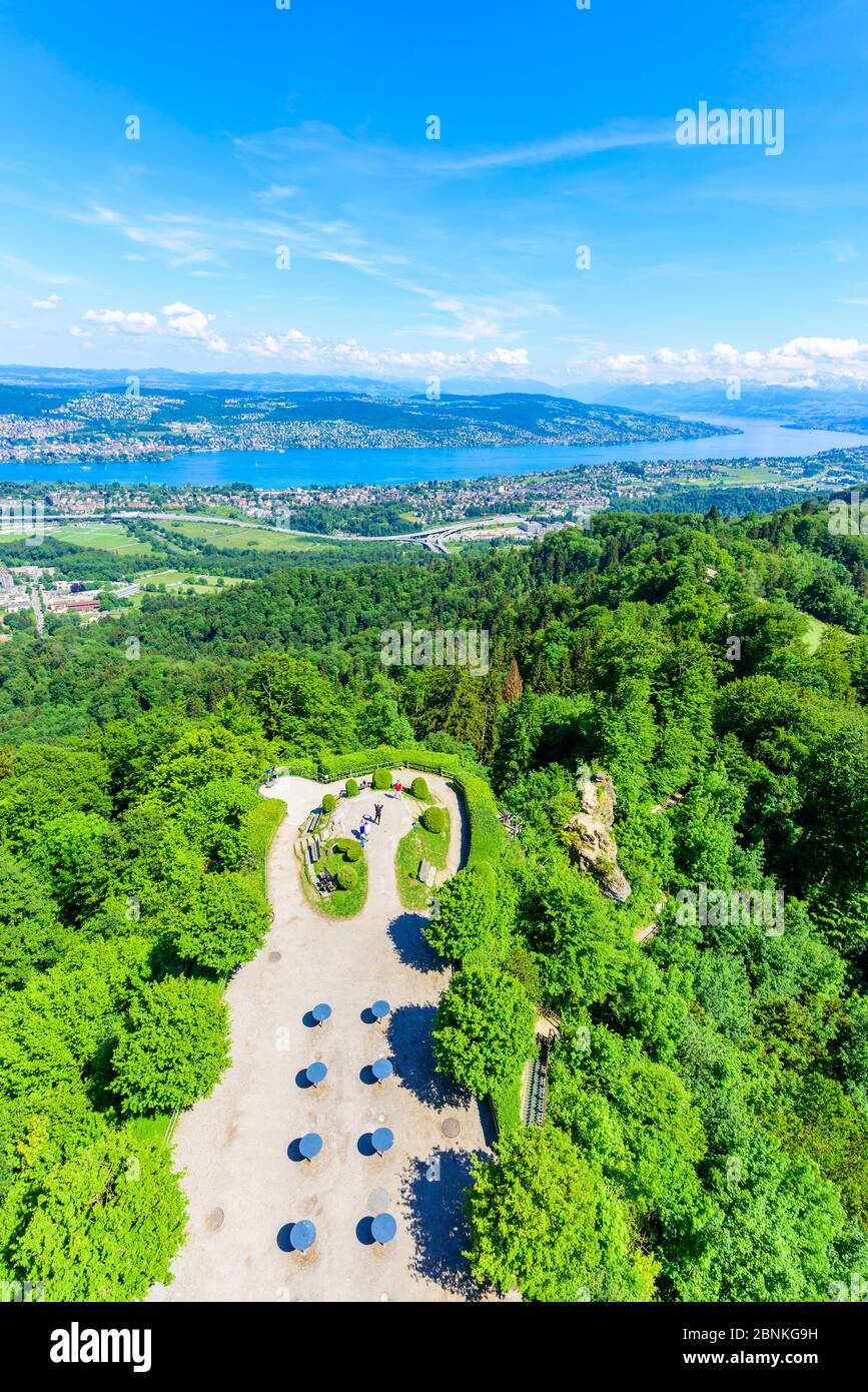 Panoramic view of Zurich lake and Alps from the top of Uetliberg ...