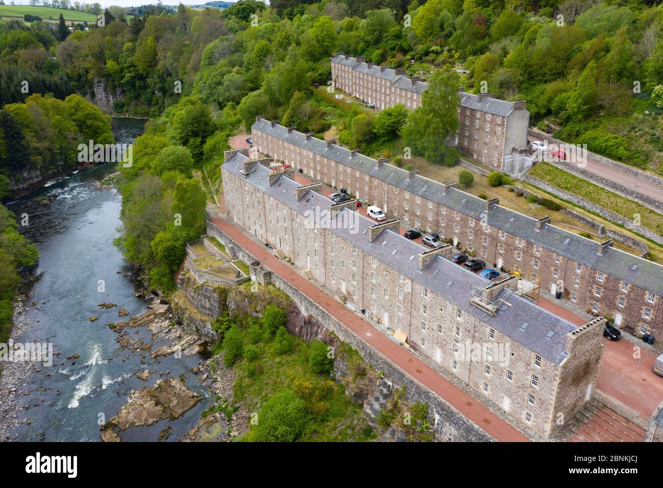 Aerial view of New Lanark World Heritage Site closed during covid-19 ...