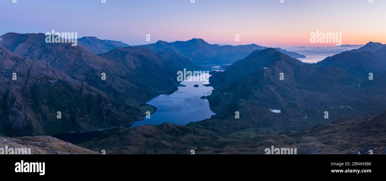 Panorama at dusk of the Knoydart peninsula with Ladar Bheinn in the ...