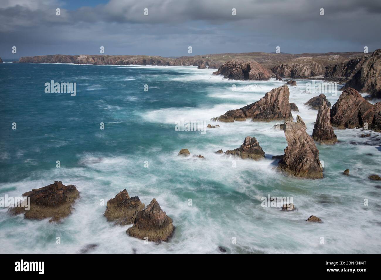 Sea stacks in stormy sea, Mangurstadh / Mangersta, Isle of Lewis, Outer ...