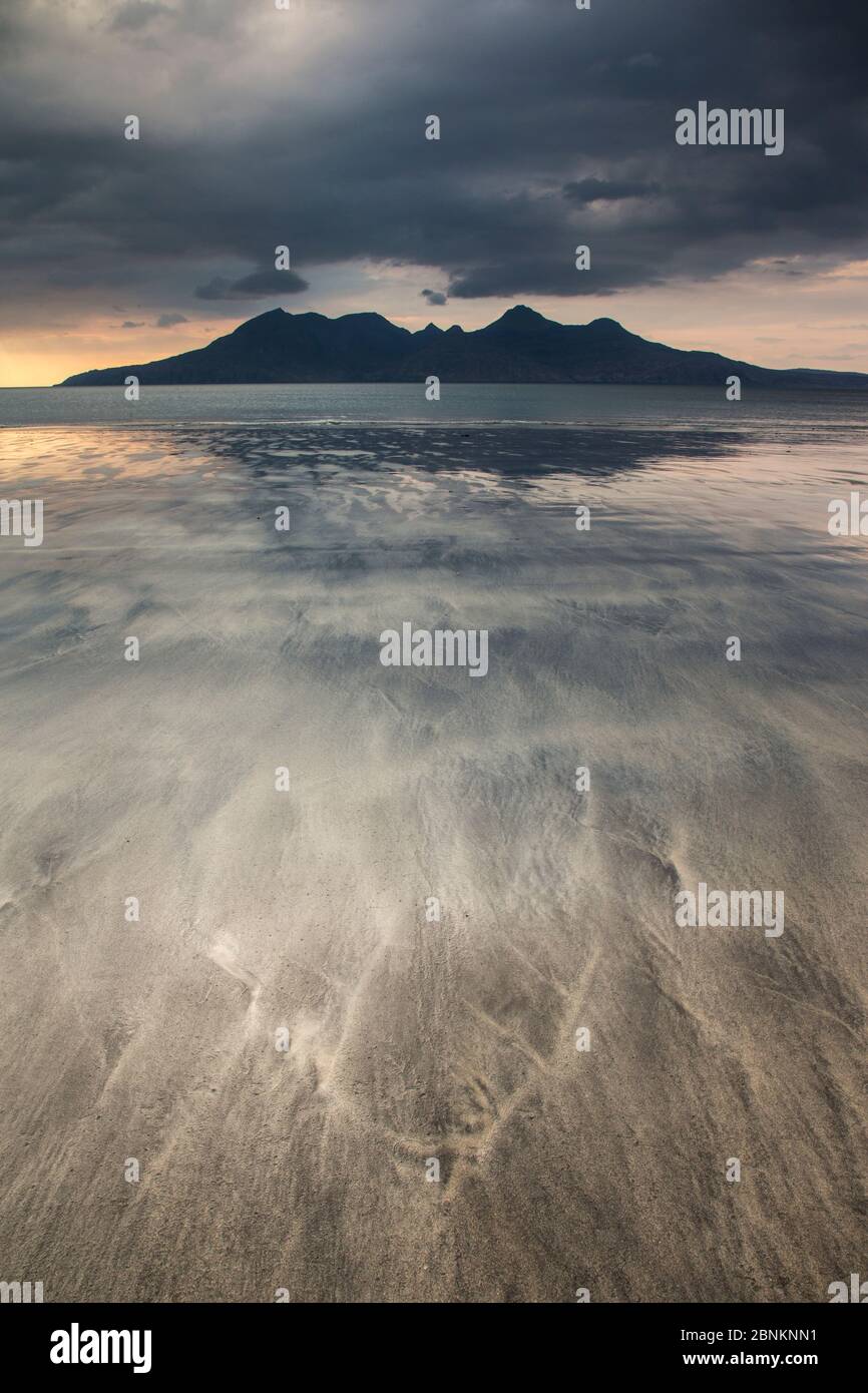 Sunset over Bay of Laig, Isle of Eigg towards Isle of Rum, Inner ...