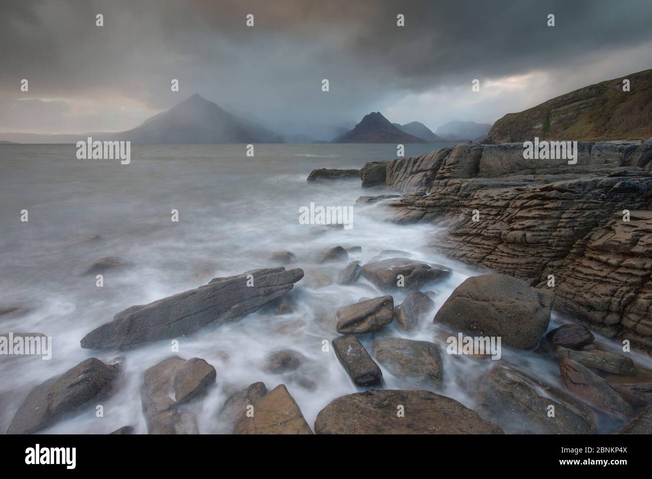 Stormy weather over Cuillin Mountains from Elgol beach, Isle of Skye ...