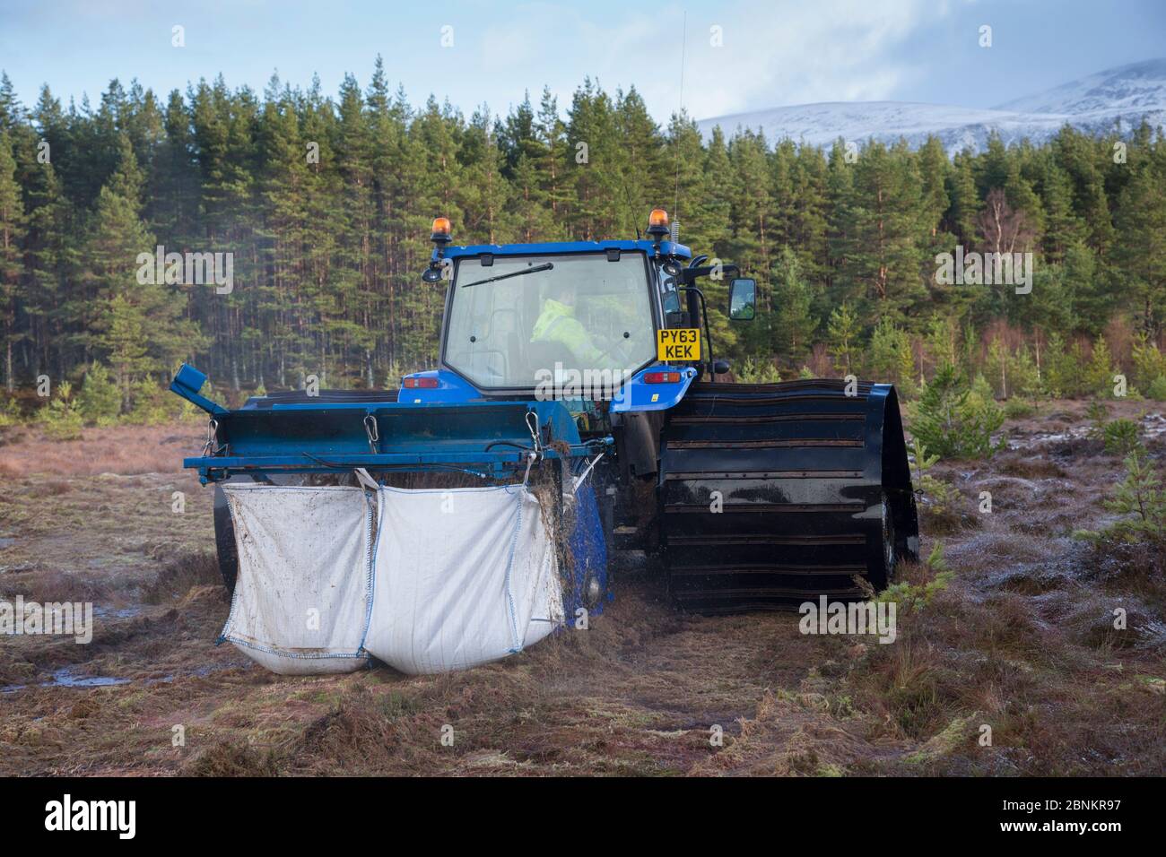 Machine collecting moss brash to distribute on bare peat as part of ...
