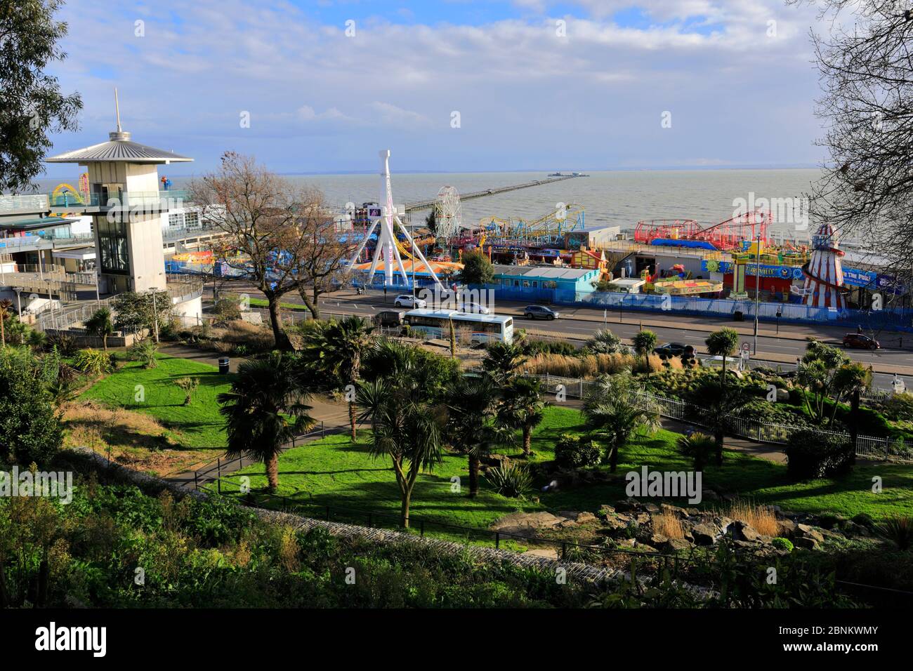 View over the seafront buildings, Southend-on-Sea town, Thames Estuary ...