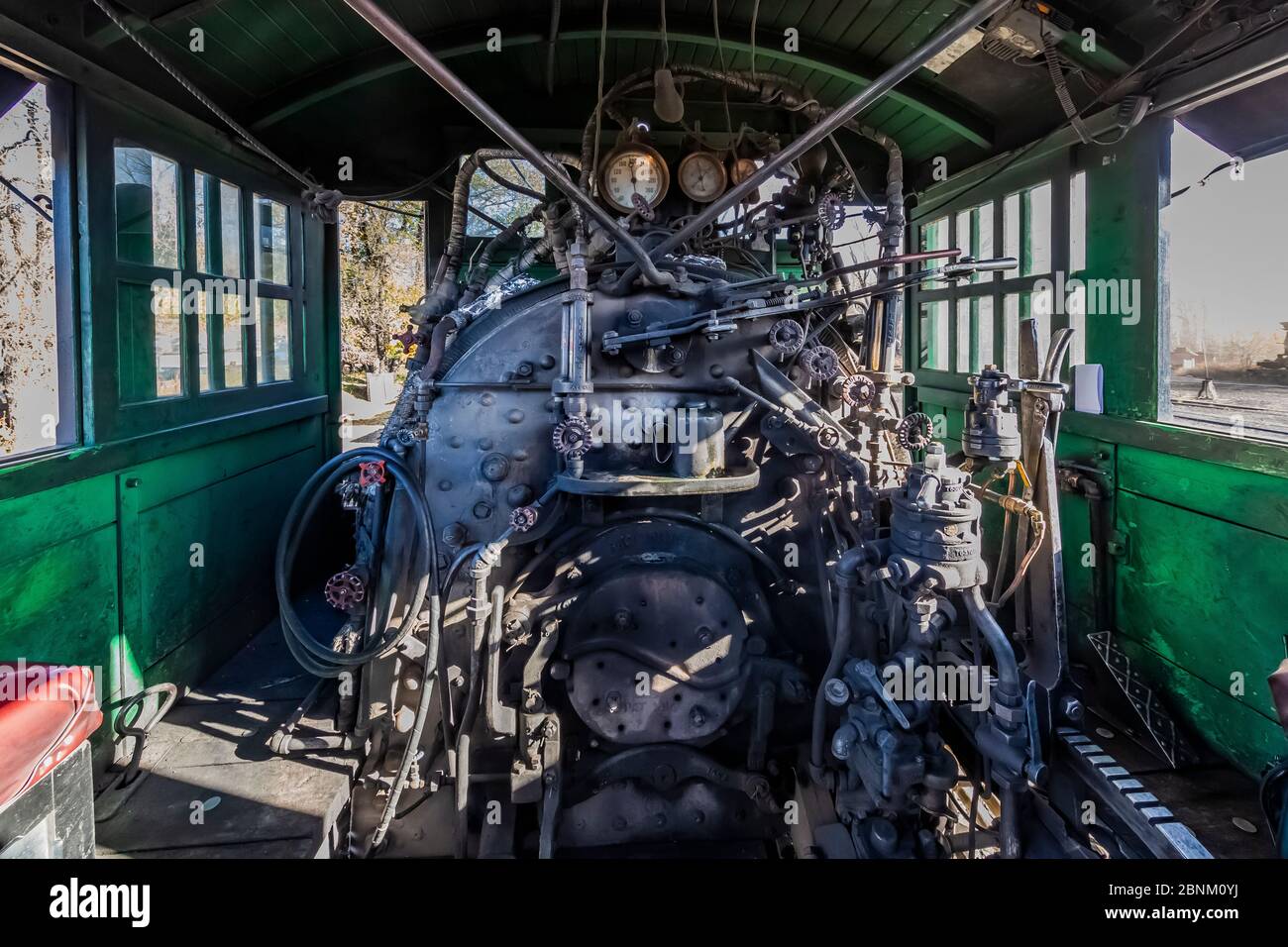 Cab of steam locomotive ready for a run at the Chama Station of the ...
