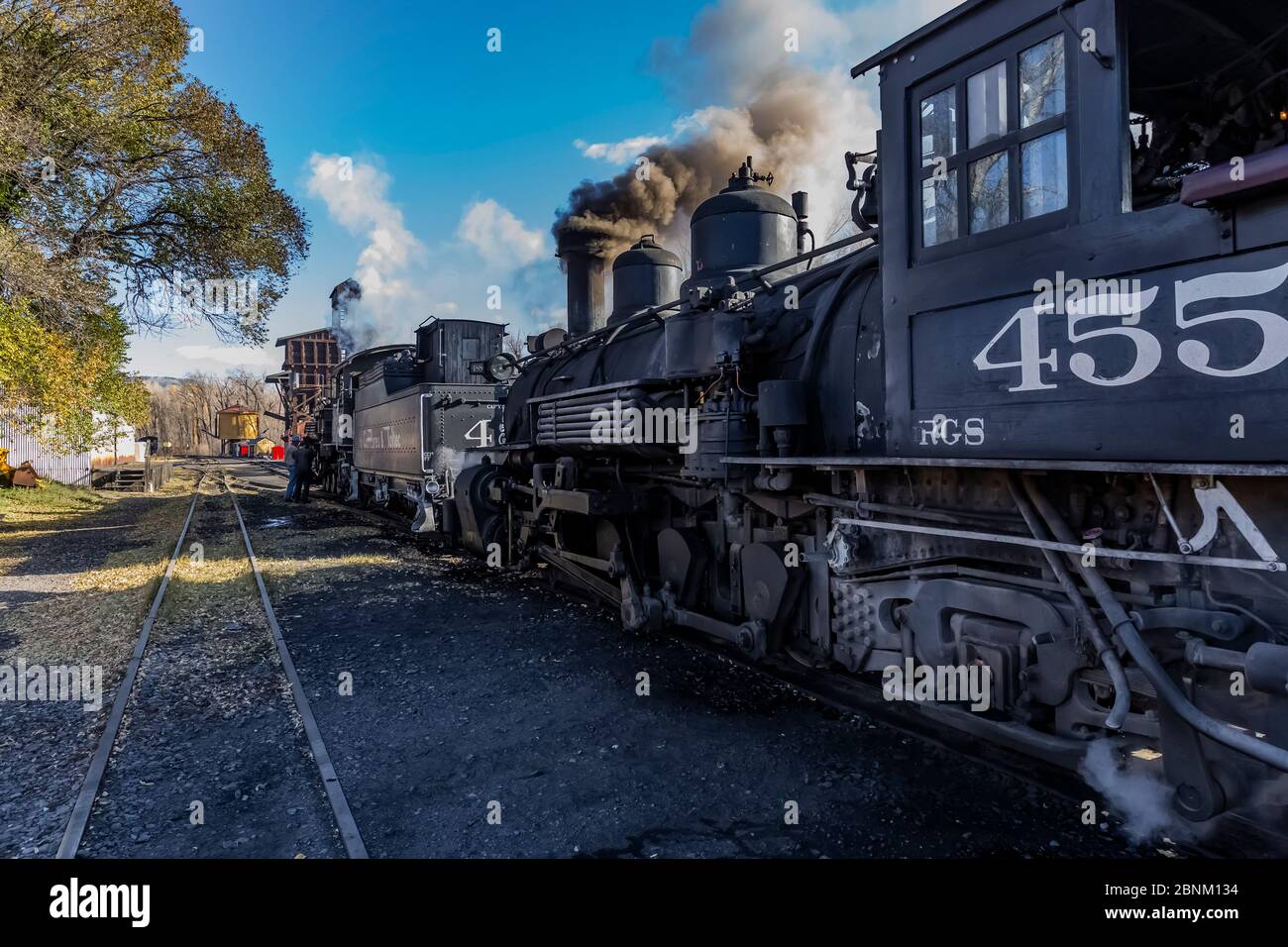 Locomotives ready for a run at the Chama Station of the Cumbres ...