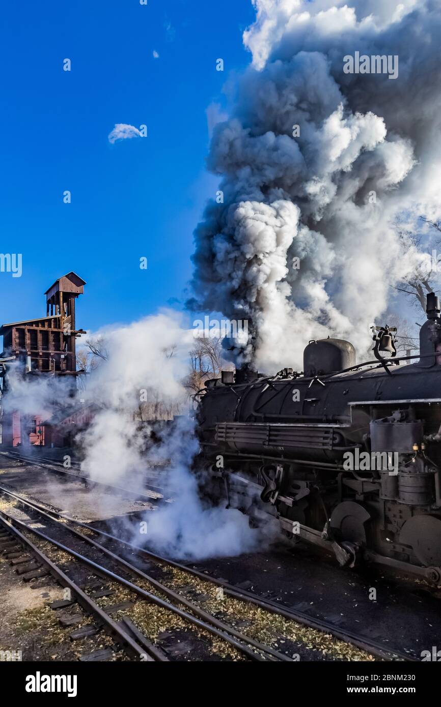 Steam locomotive preparing for work hauling passengers, at the Chama ...