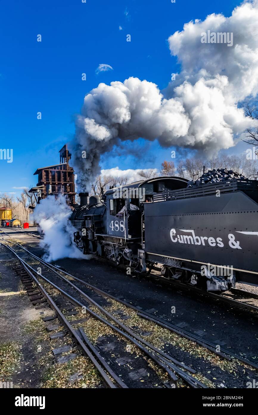 Steam locomotive preparing for work hauling passengers, at the Chama ...