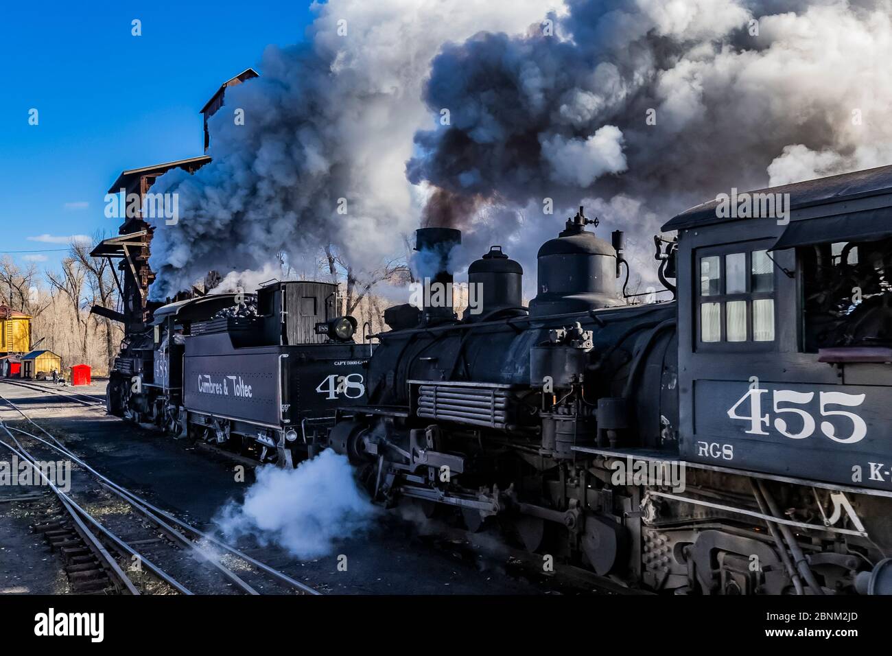 Steam locomotive preparing for work hauling passengers, at the Chama ...