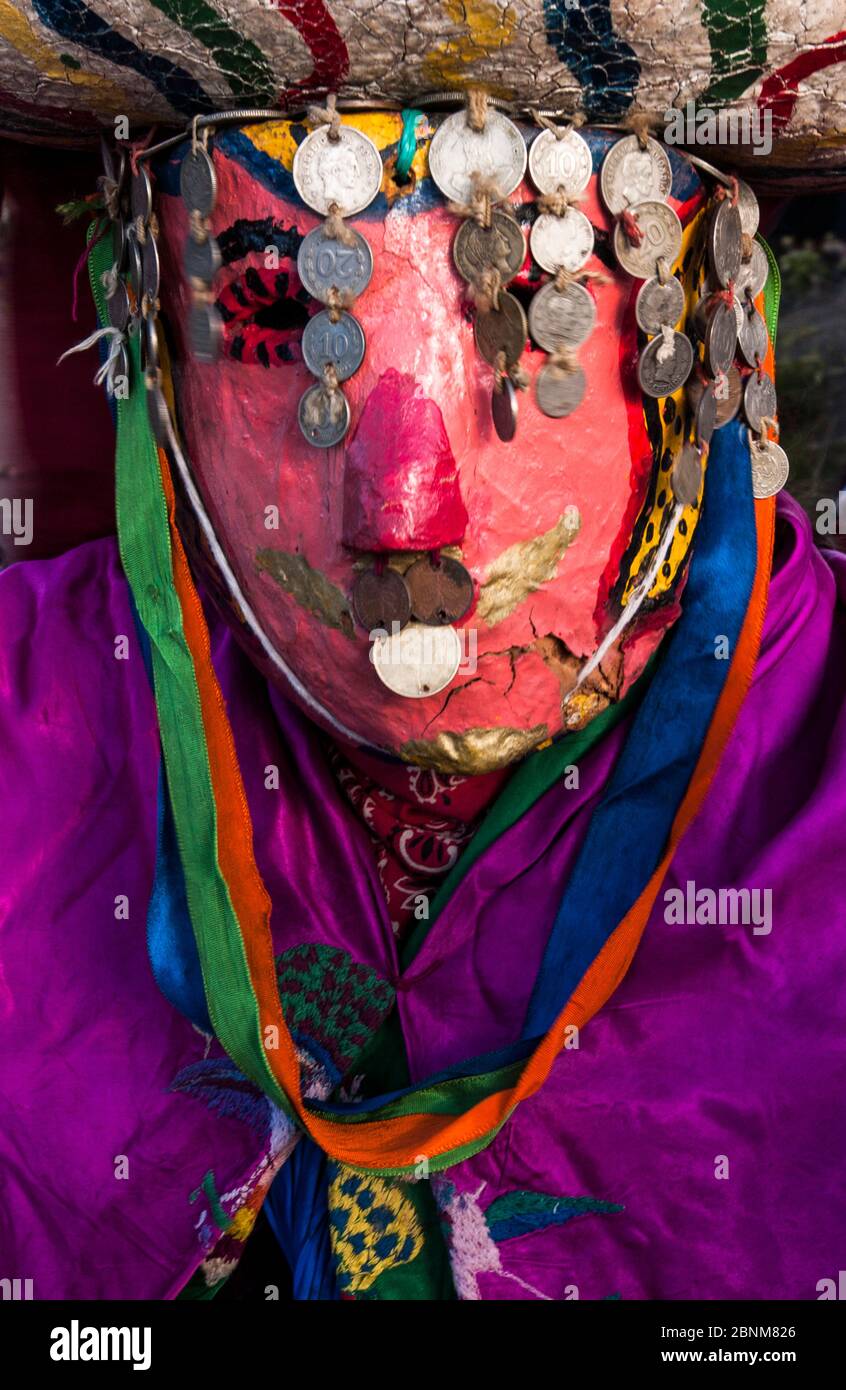 Indigenous Salasaca Indian in traditional mask, celebrating the Inti ...