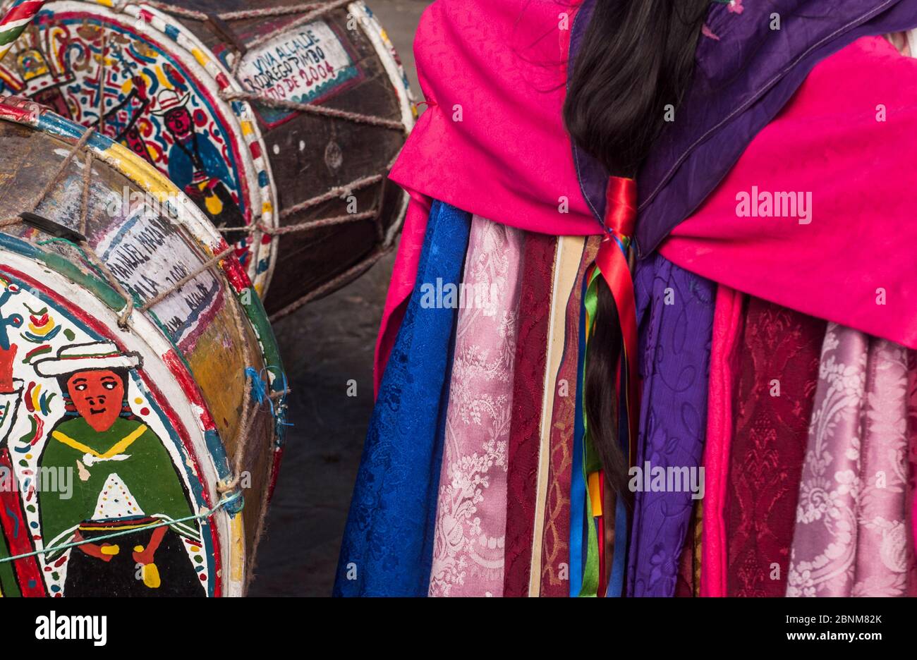 Indigenous Salasaca Indians in colourful garments, celebrating the Inti ...