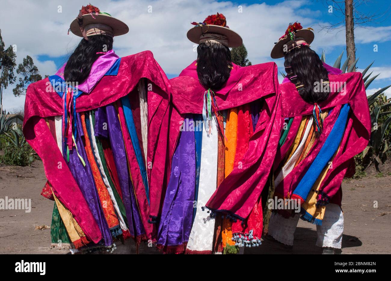 Indigenous Salasaca Indians in colourful garments, celebrating the Inti ...