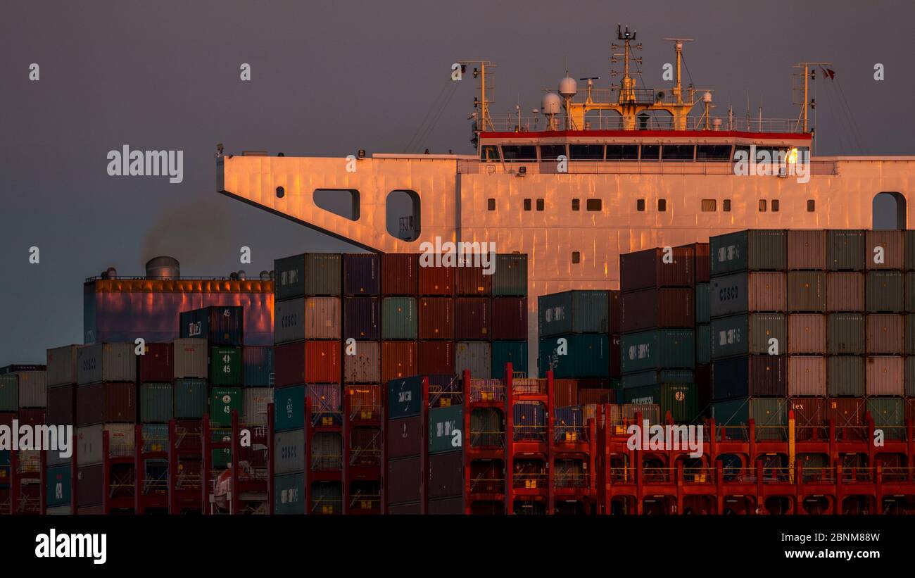 Ship Bridge and details of a container giant Stock Photo - Alamy