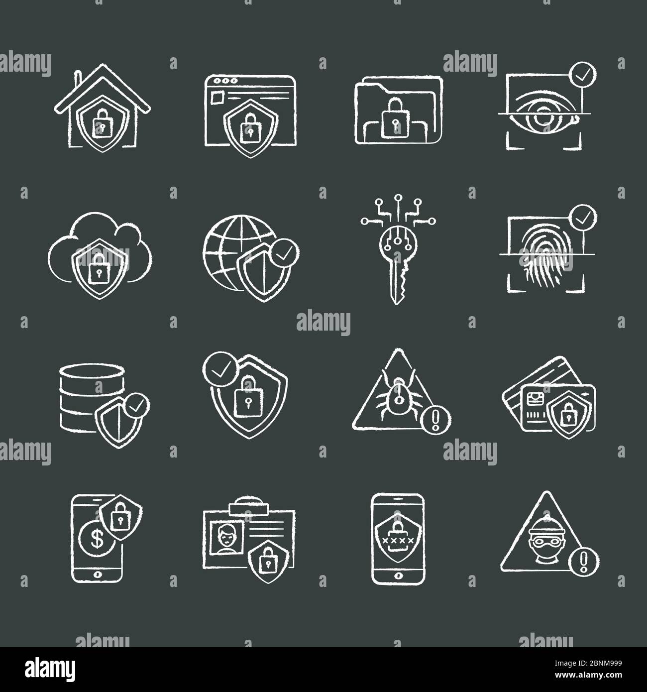 Internet security system chalk white icons set on black background ...