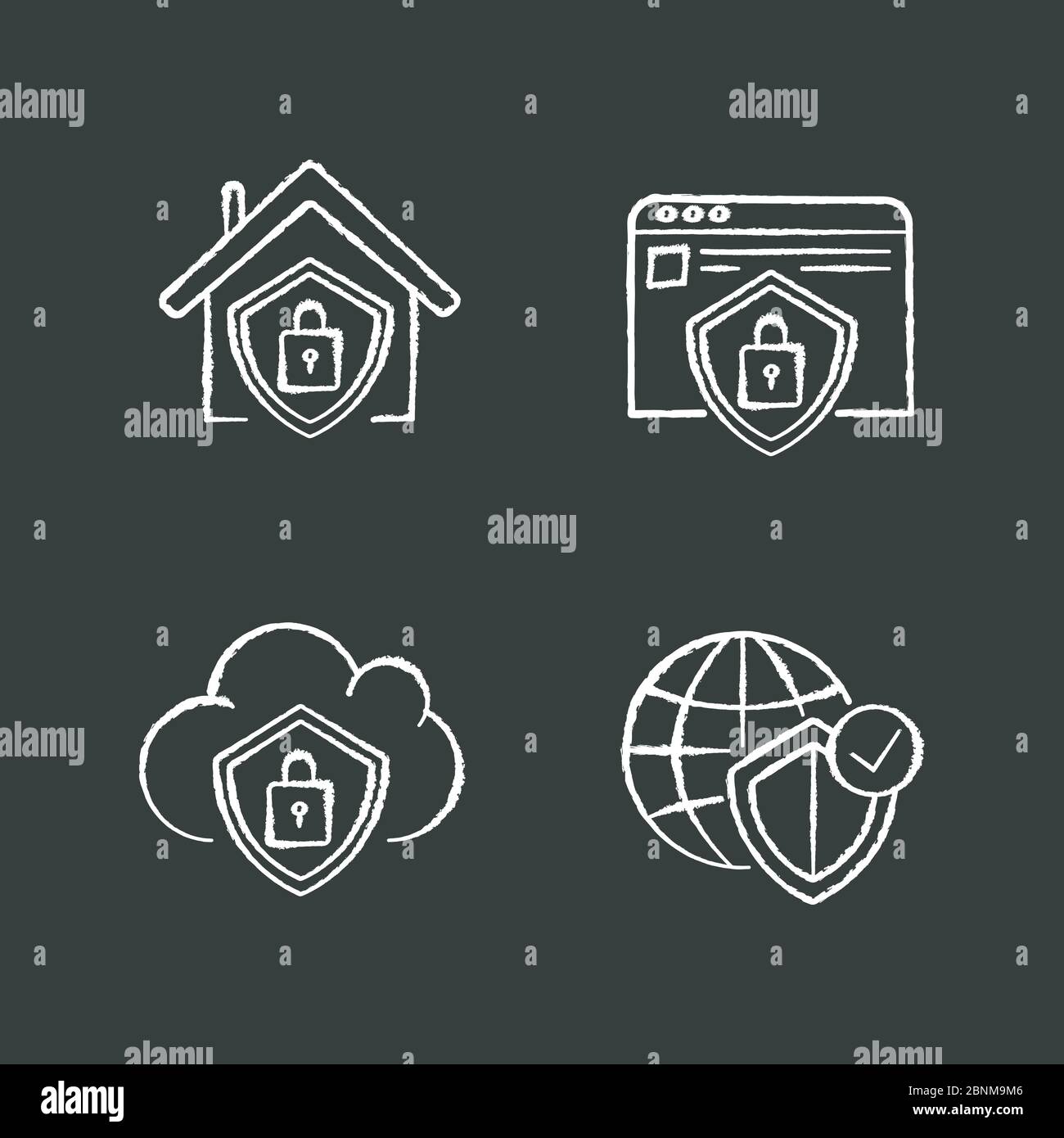 Internet security system chalk white icons set on black background ...