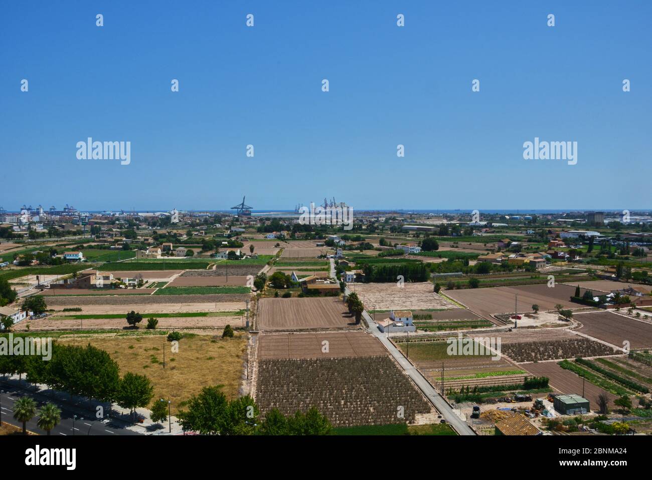 Landscape of orchards and beach with port cranes Nice Stock Photo - Alamy