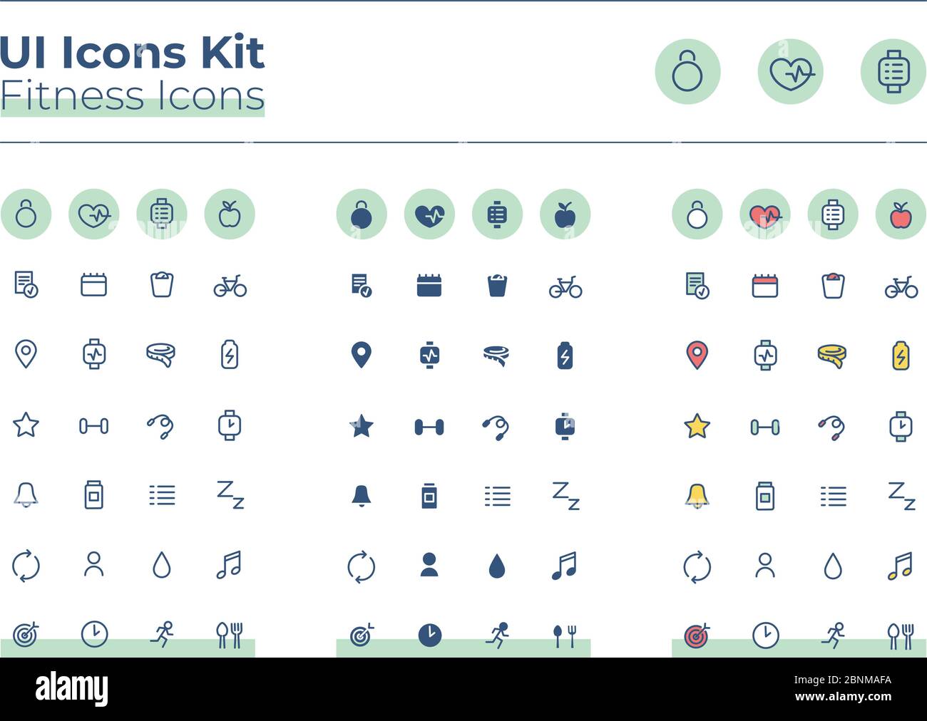 Fitness UI icons kit. Gym thin line, glyph and color vector symbols set ...