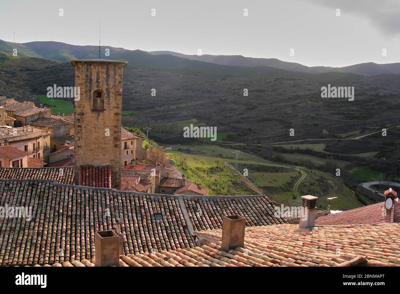 Medieval tower in rustic town, landscape with green meadows and blue ...