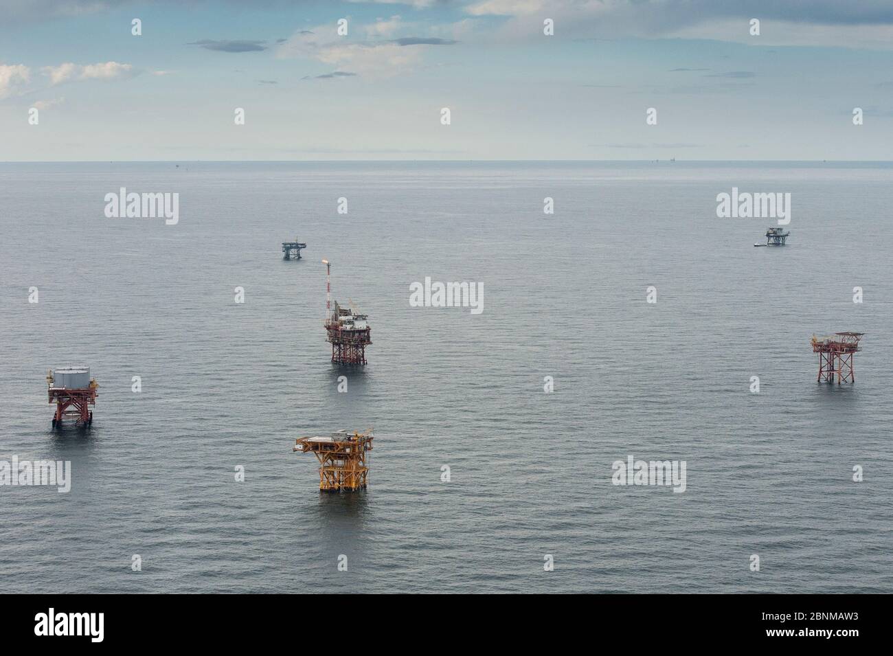 Aerial view of oil rig drilling platforms, Louisiana, Gulf of Mexico ...