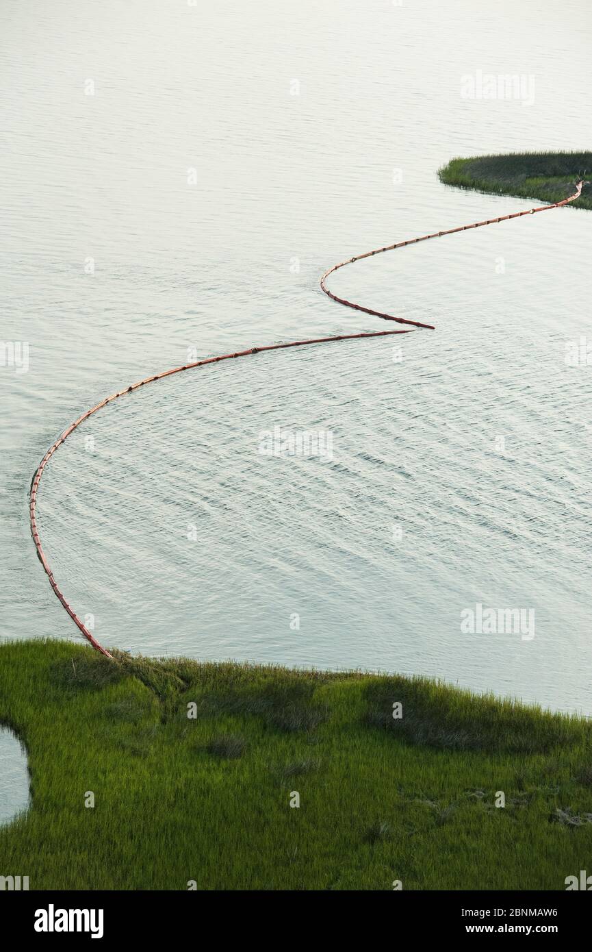 Aerial view of oil containment booms protecting Queen Bess Island ...