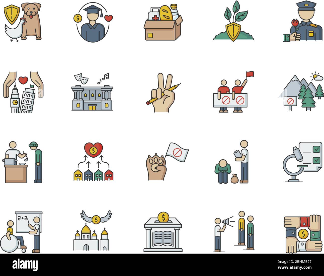 Charity RGB color icons set. Food donation. Financial aid. Volunteering ...