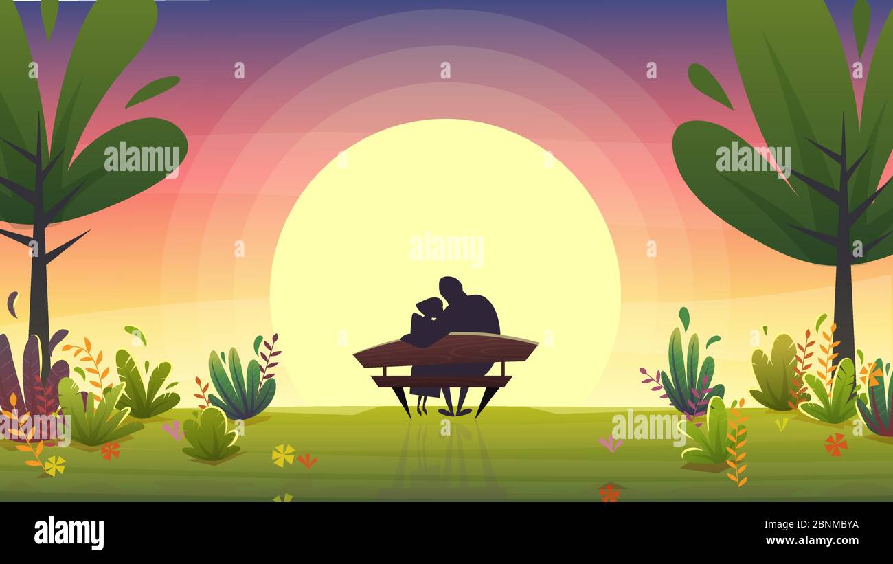 romantic date in nature park against the sunset sky. purple pink clouds ...