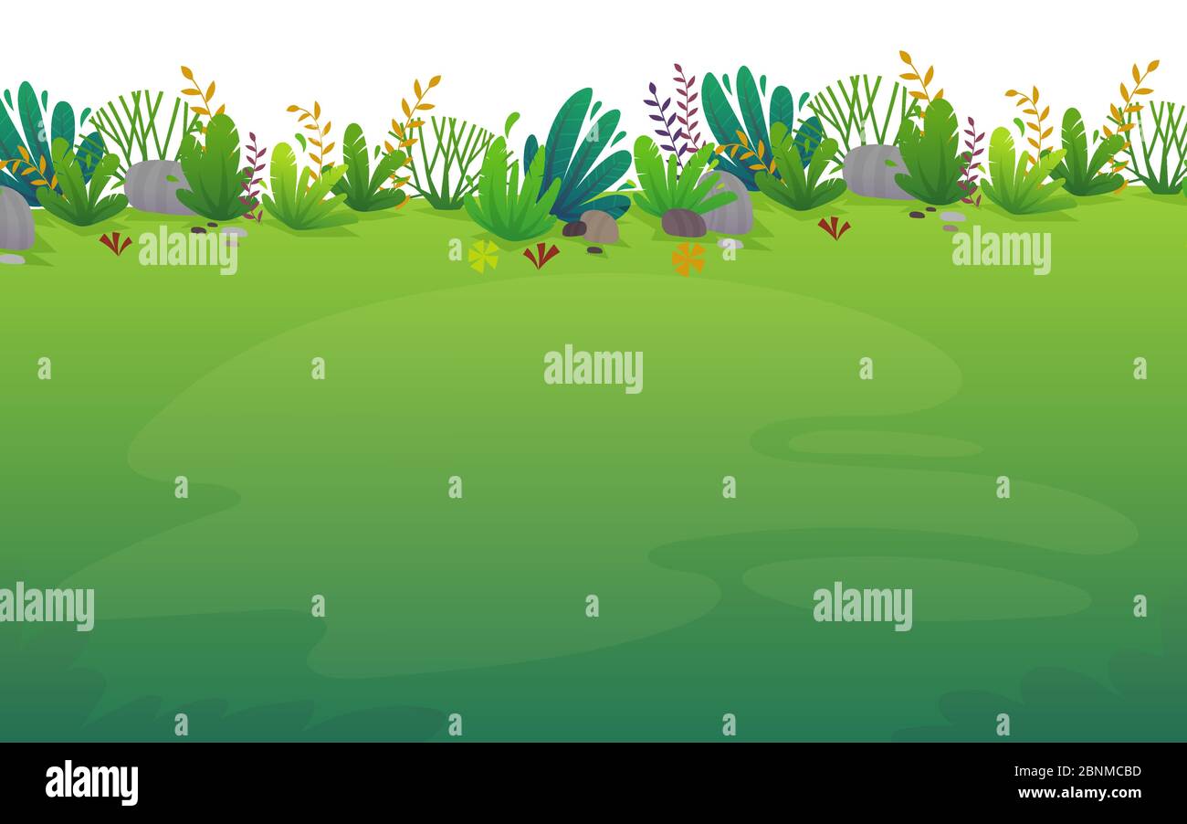 nature park background. green grass on the lawn field, bushes plants ...