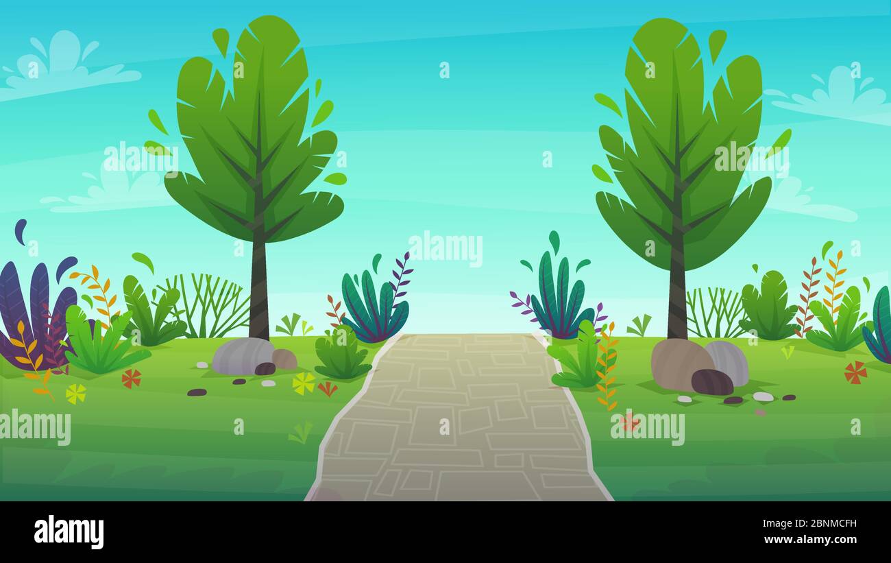 Walk along the road in the park. walking path, bench and green grass ...