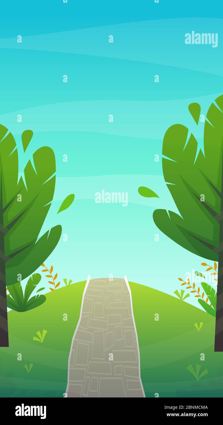 Walk along the road in the park. walking path, bench and green grass ...