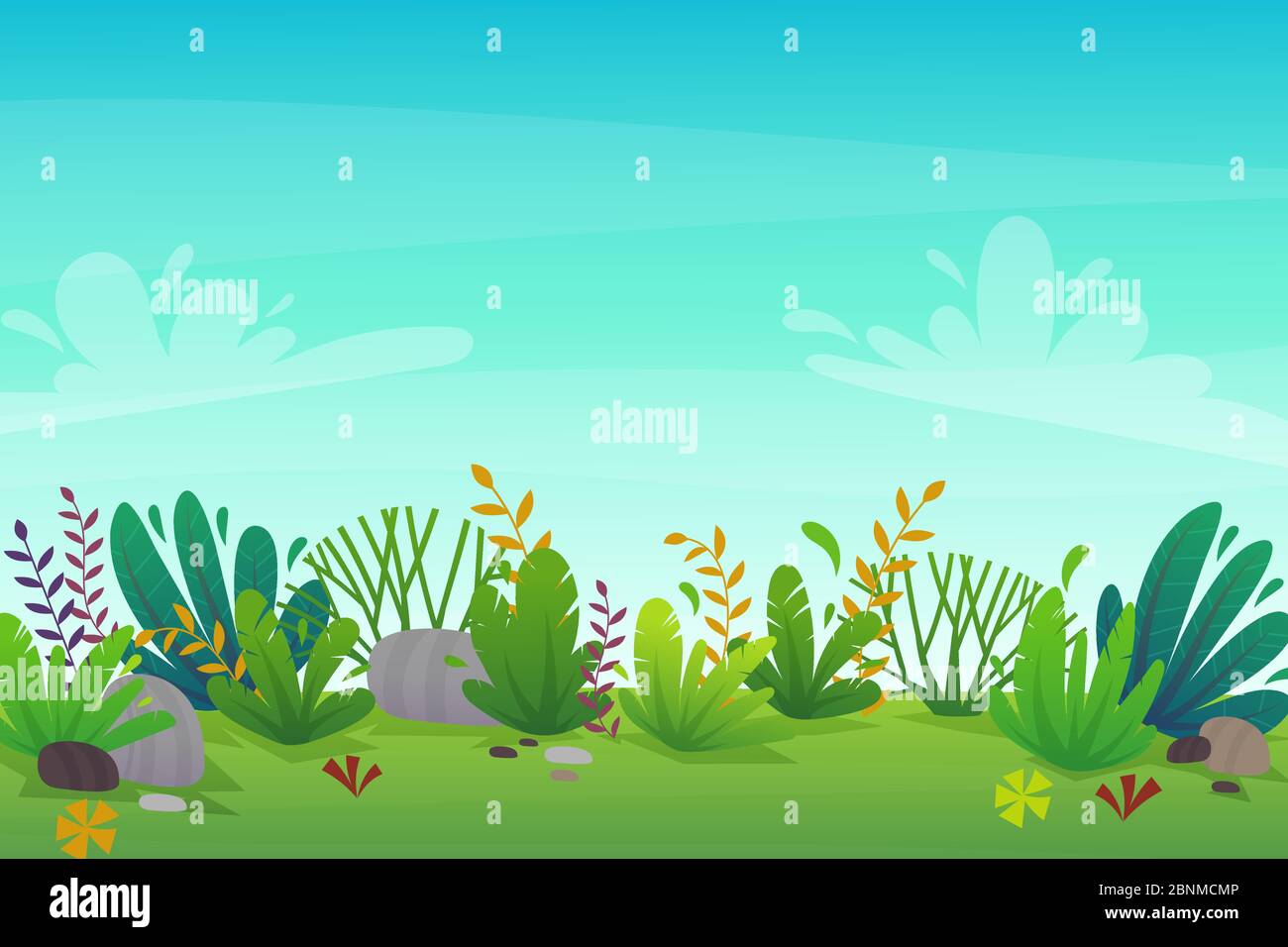 nature park background. green grass on the lawn field, bushes plants ...