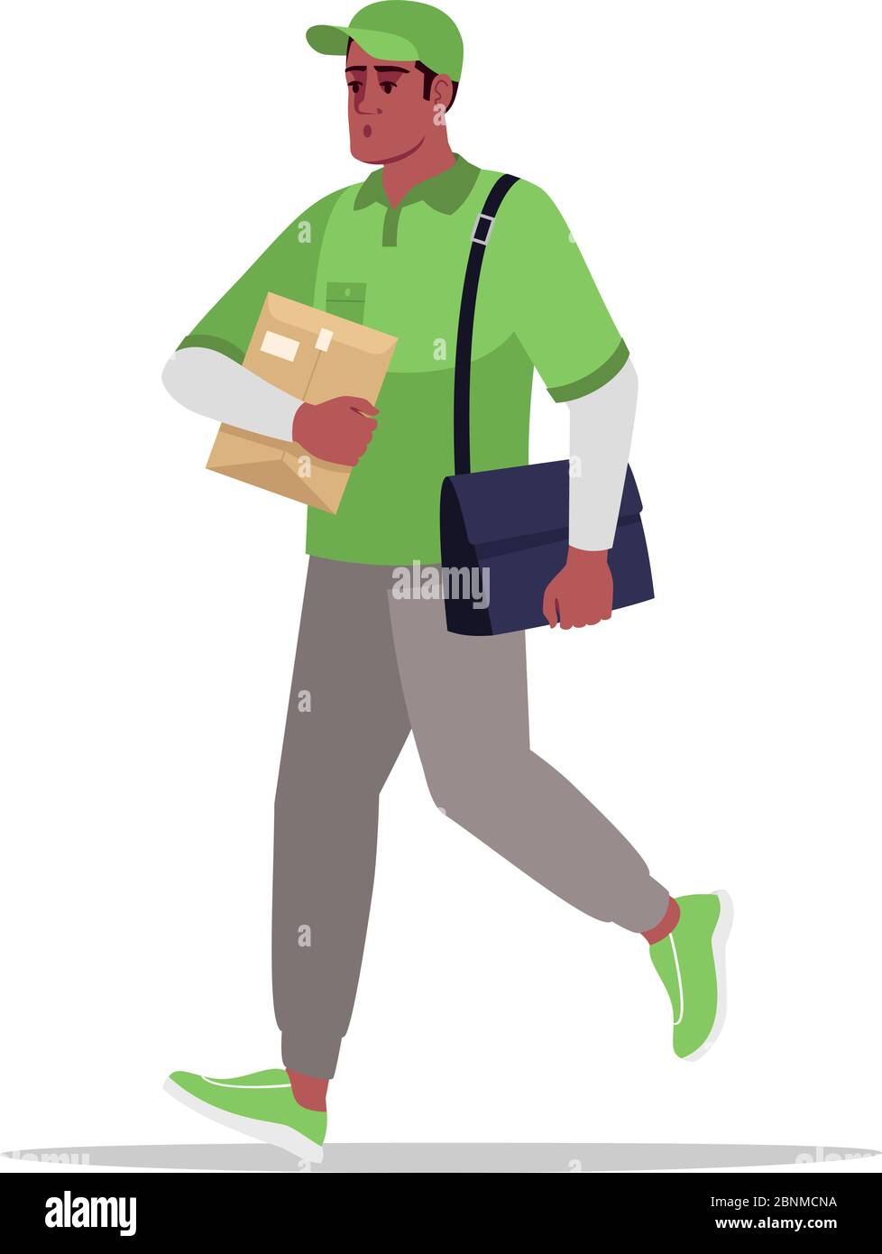 Mail delivery semi flat RGB color vector illustration. Postman in shirt ...