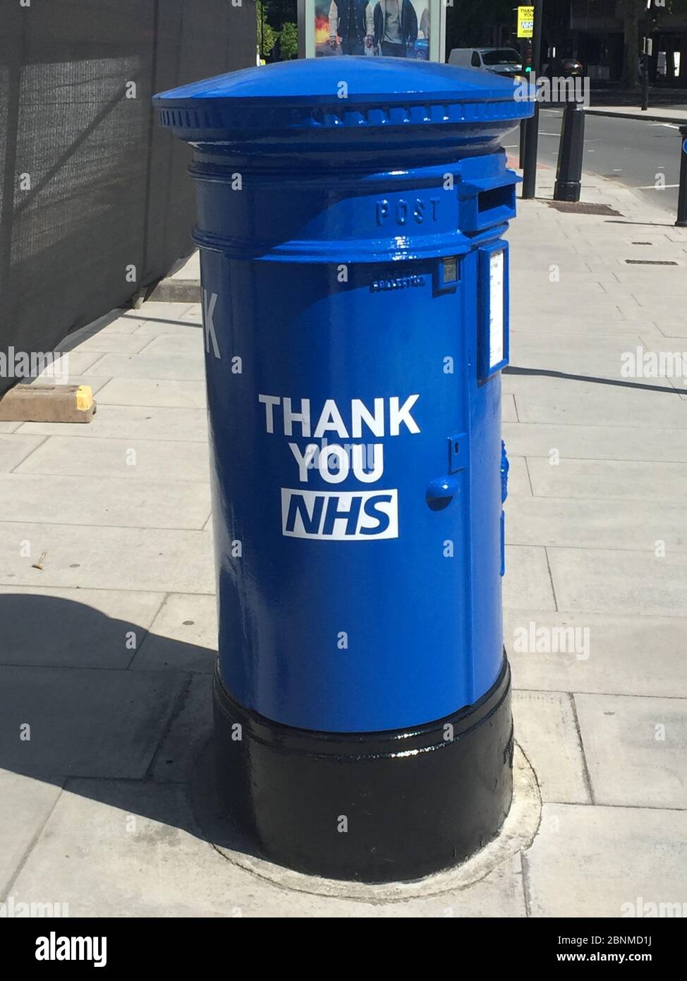 London, UK - 09/05/2020: Blue 'thank you' NHS postbox outside st Thomas ...