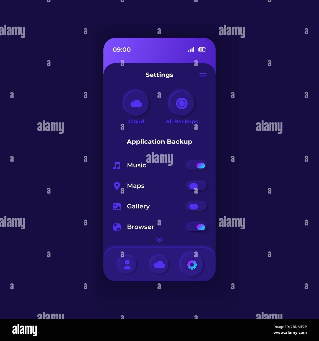 Backup Parameters Smartphone Interface Vector Template Mobile App Page Dark Design Layout