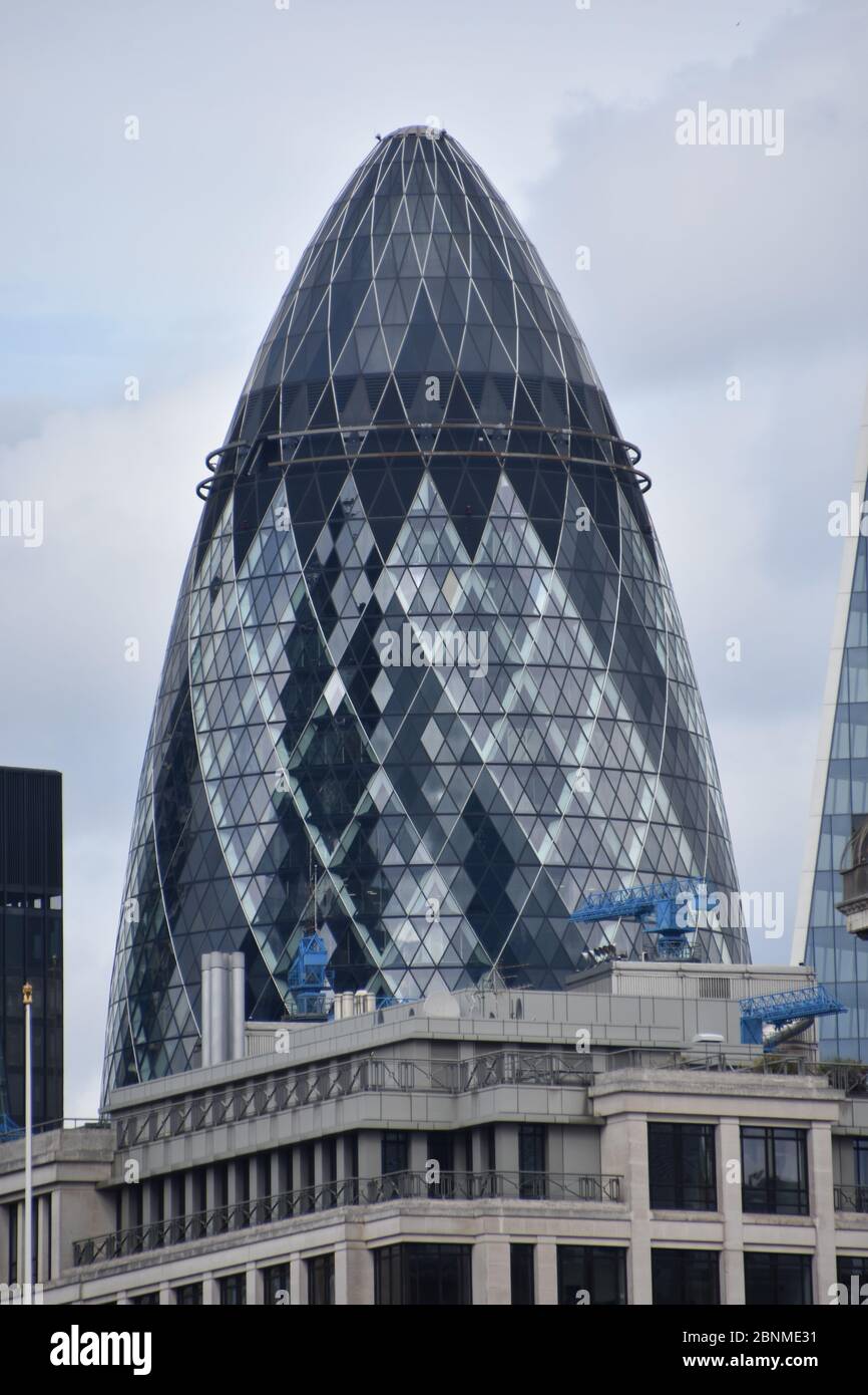 A close up image of the Gherkin building in Central London (30 St Mary ...