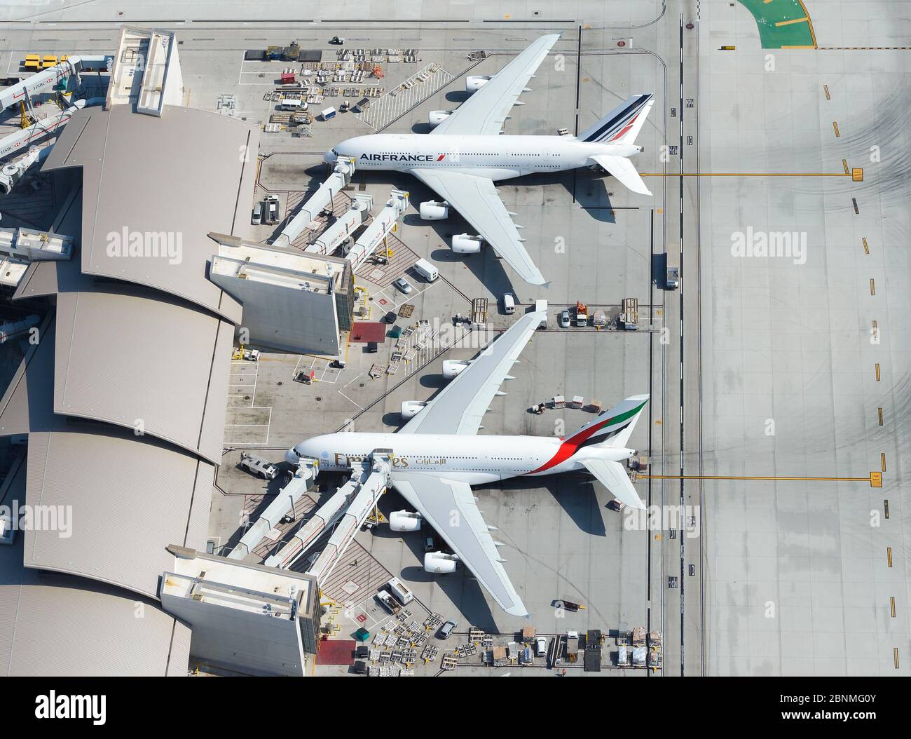 Air France and Emirates Airline Airbus A380 airplanes at Tom Bradley ...