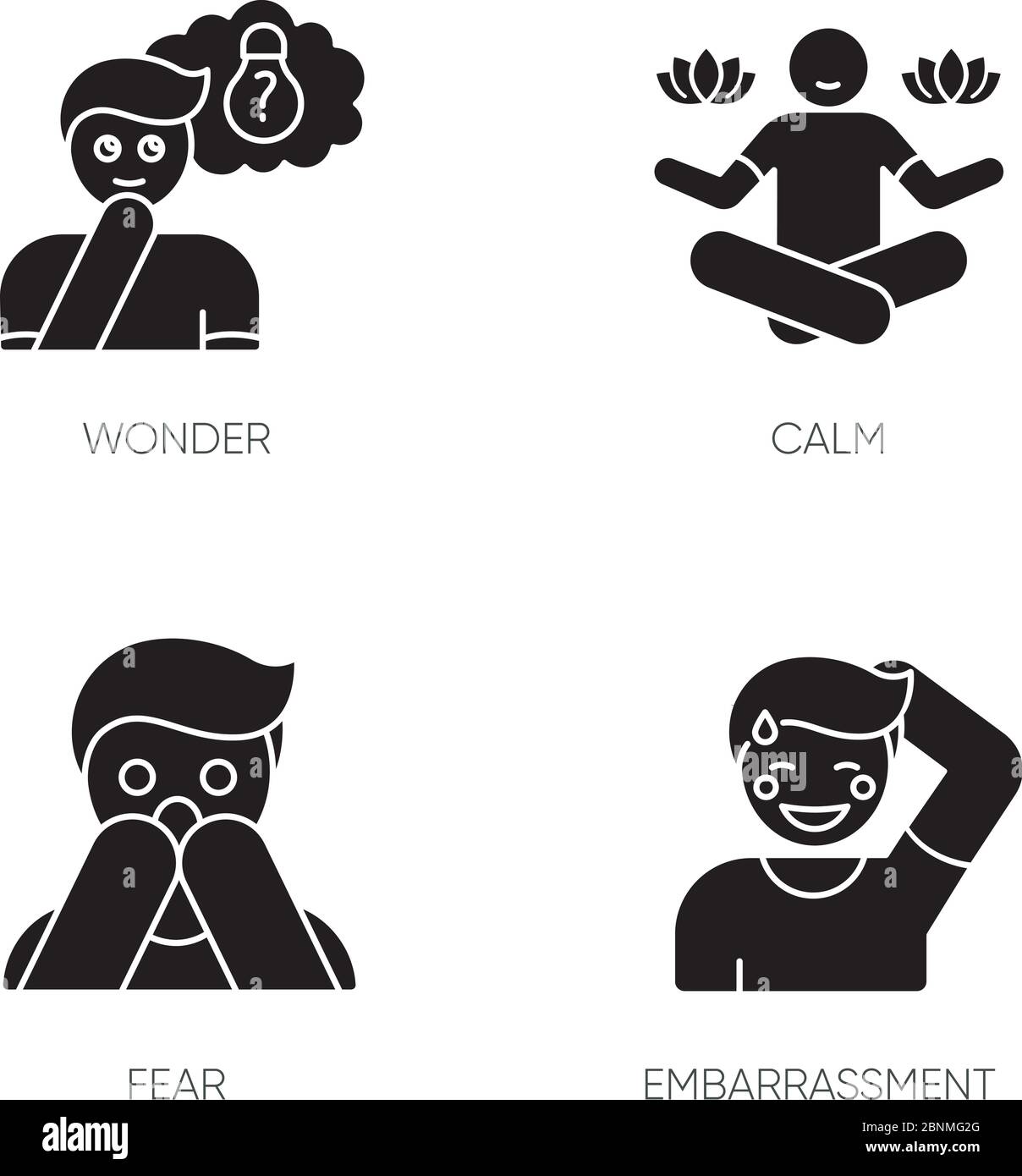 Mental state black glyph icons set on white space. Sense of wonder ...