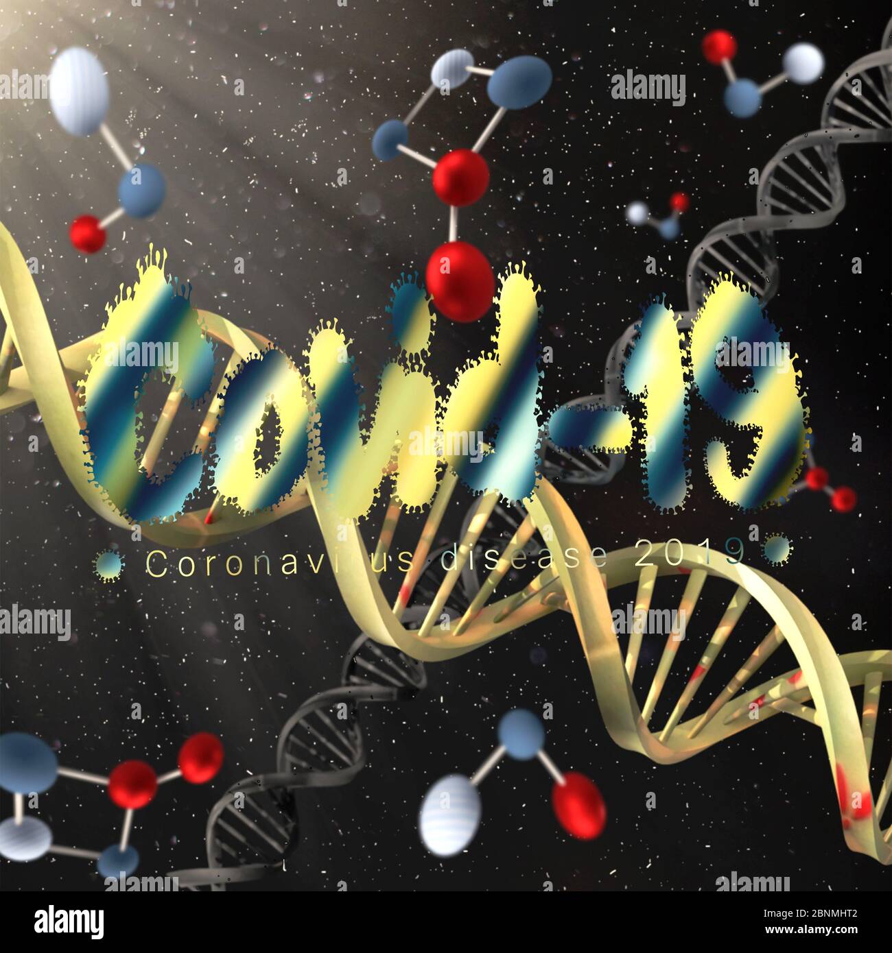 3D rendering illustration of covid 19 virus cells and DNA strands Stock ...