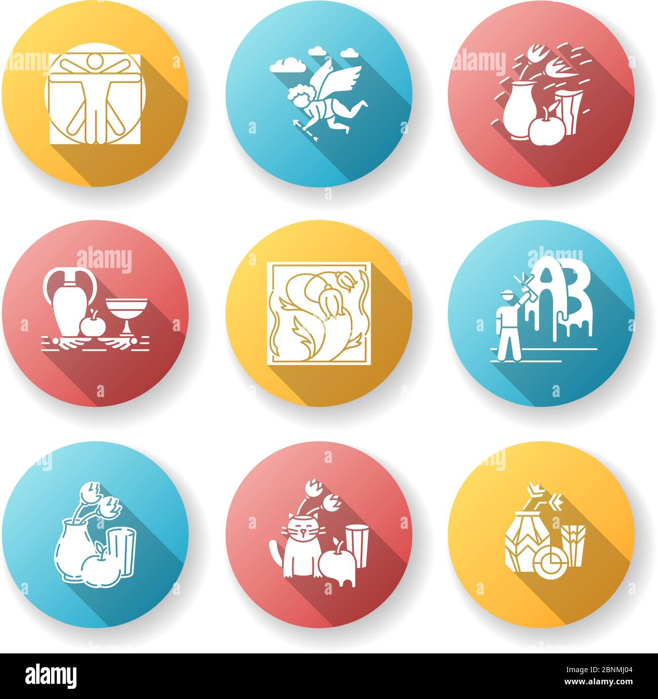 Art movements flat design long shadow glyph icons set. Artworks in ...