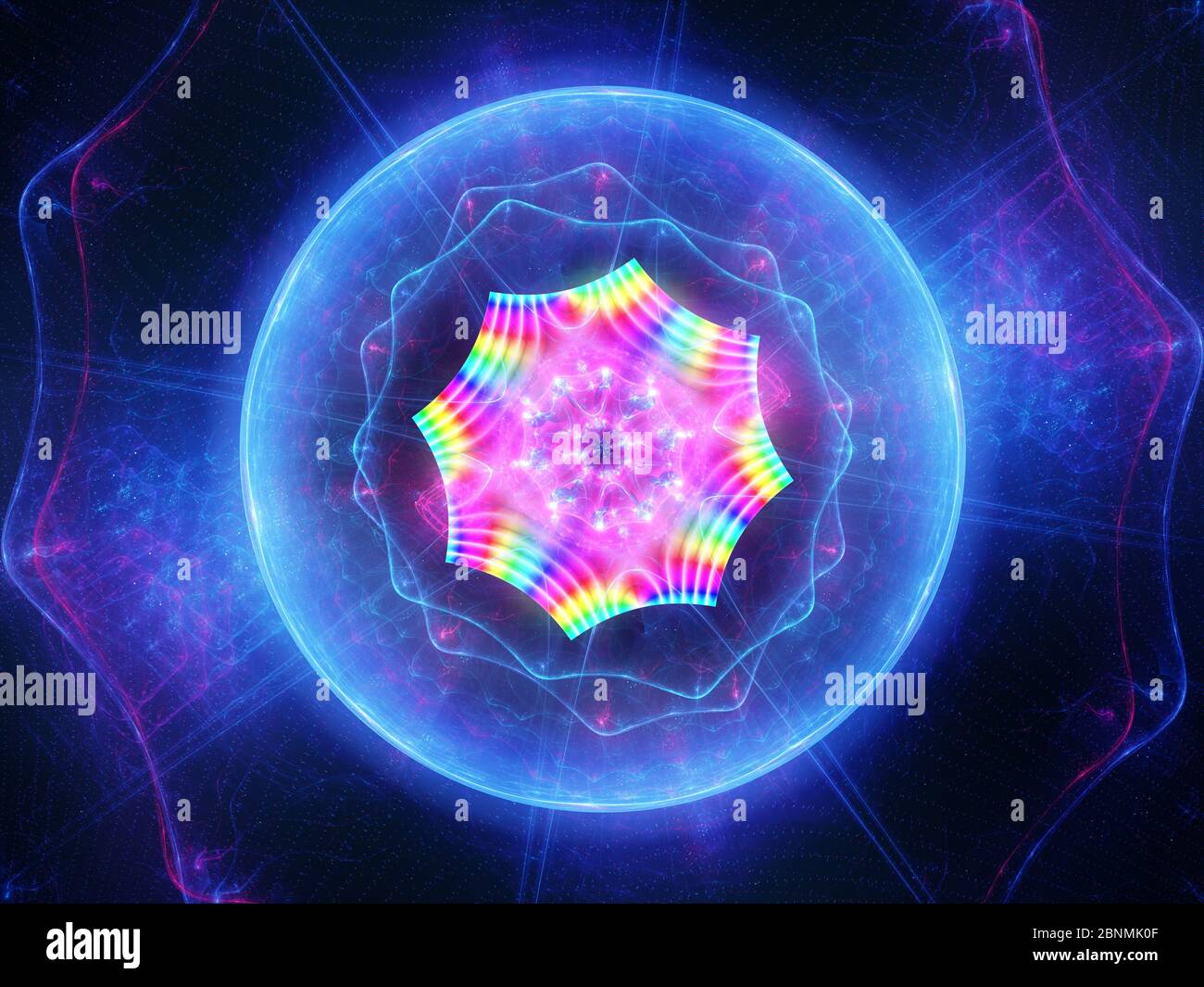 Colorful glowing quantum computer core, futuristic technology, abstract background, 3D rendering ...