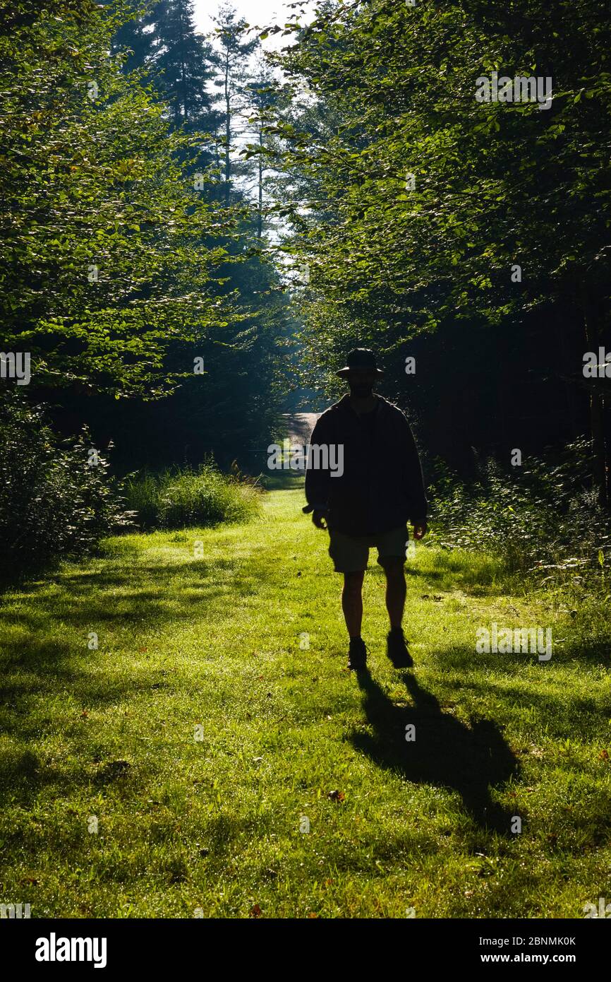 Silhouette of a man walking down path at Bretzfelder Memorial Park in ...