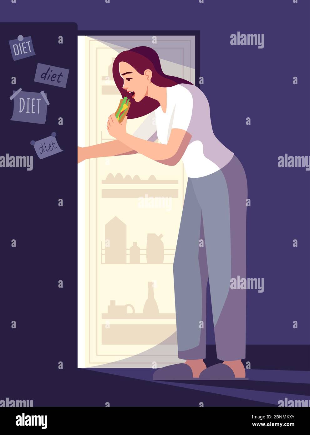 Woman breaking diet semi flat RGB color vector illustration. Girl ...