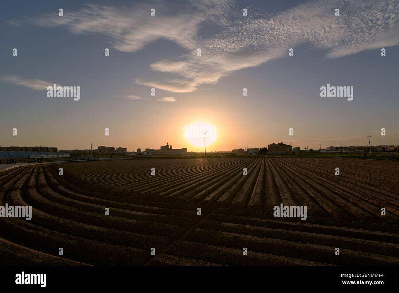 Agriculture field prepared for planting, Small mountains, blue sky ...