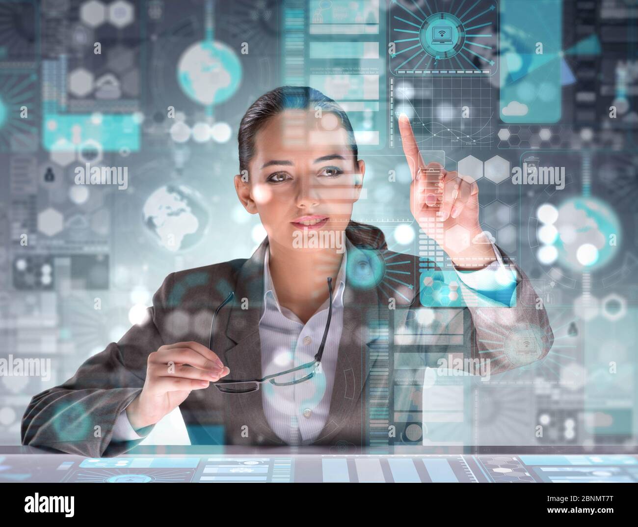 The woman in futuristic data mining concept Stock Photo - Alamy