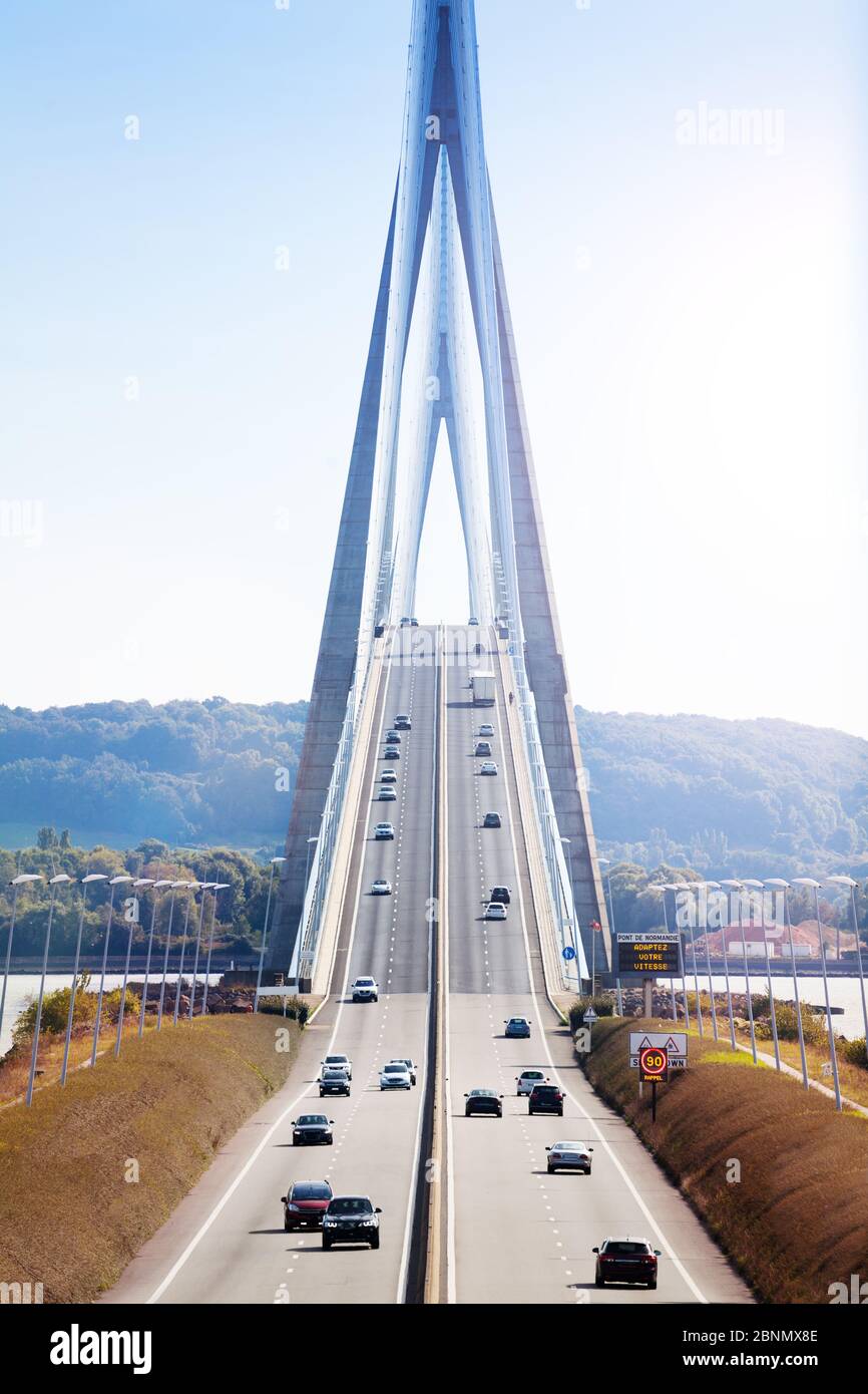 Close front view of the Pont de Normandie over Seine river delta in ...