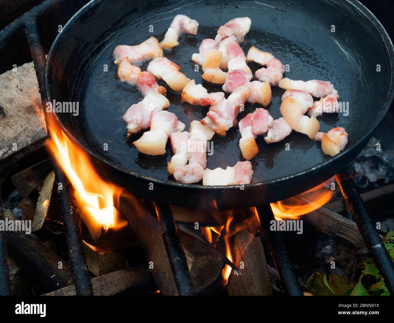 Pork fat is fried in a pan on the grill at the stake Stock Photo - Alamy