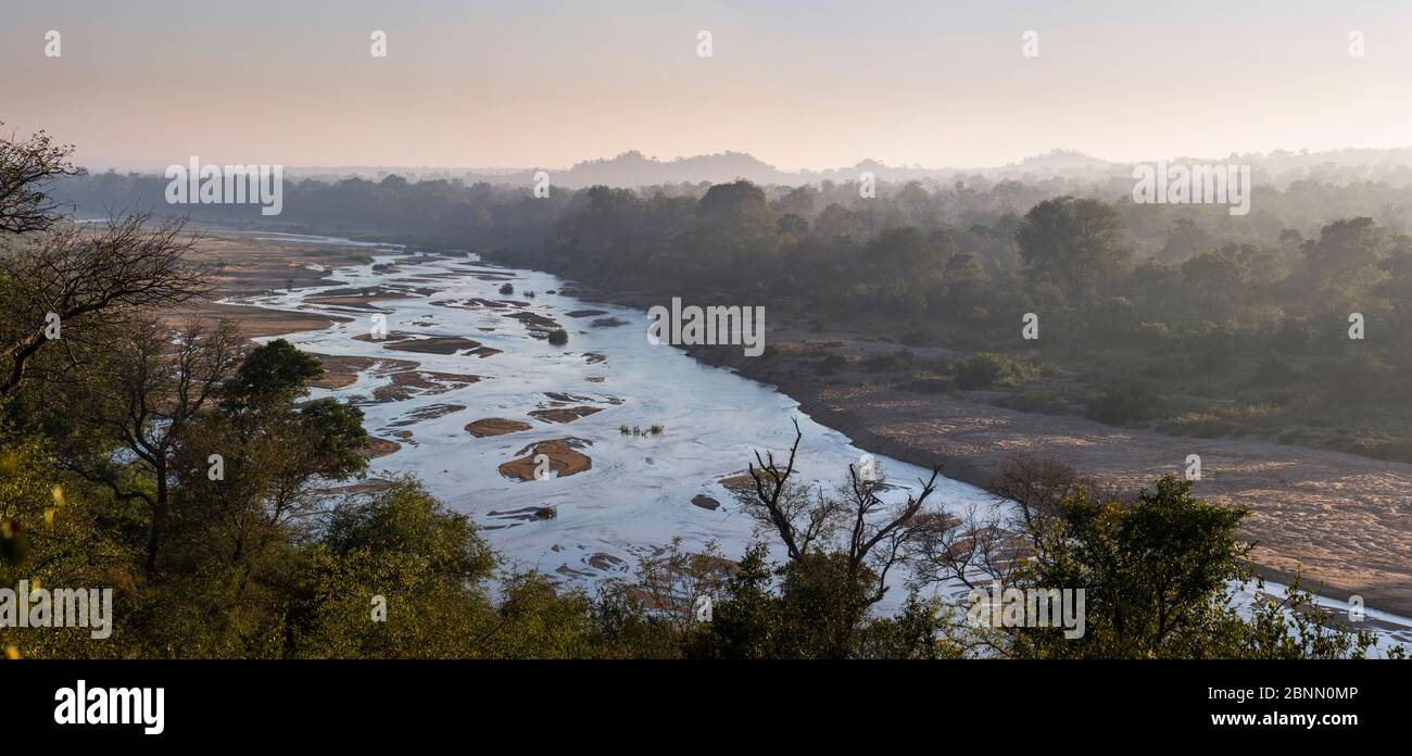 Panoramic view across Sand River, Mala Mala Game Reserve, South Africa ...