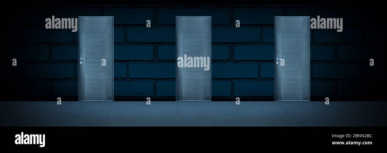 three doors in a wall as concept for choice or luck, panoramic image ...